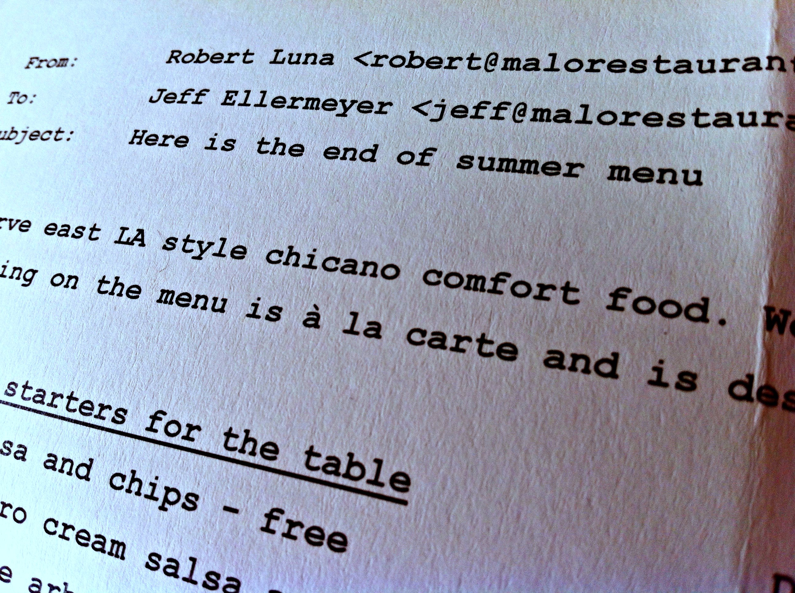 Los Angeles: What Happens When A Chef Puts His E-Mail Address On A Menu ...