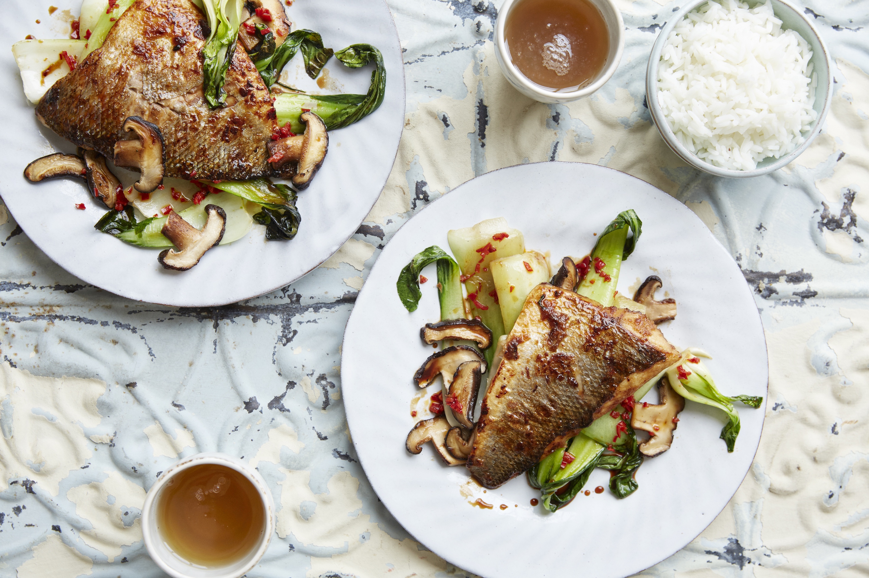 Wok-Seared Miso Sea Bass With Shiitake And Bok Choy